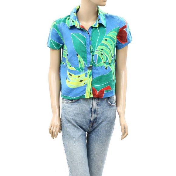 FARM Rio | Tops | Farm Rio Anthropologie Blue Banana Leaves Shirt ...